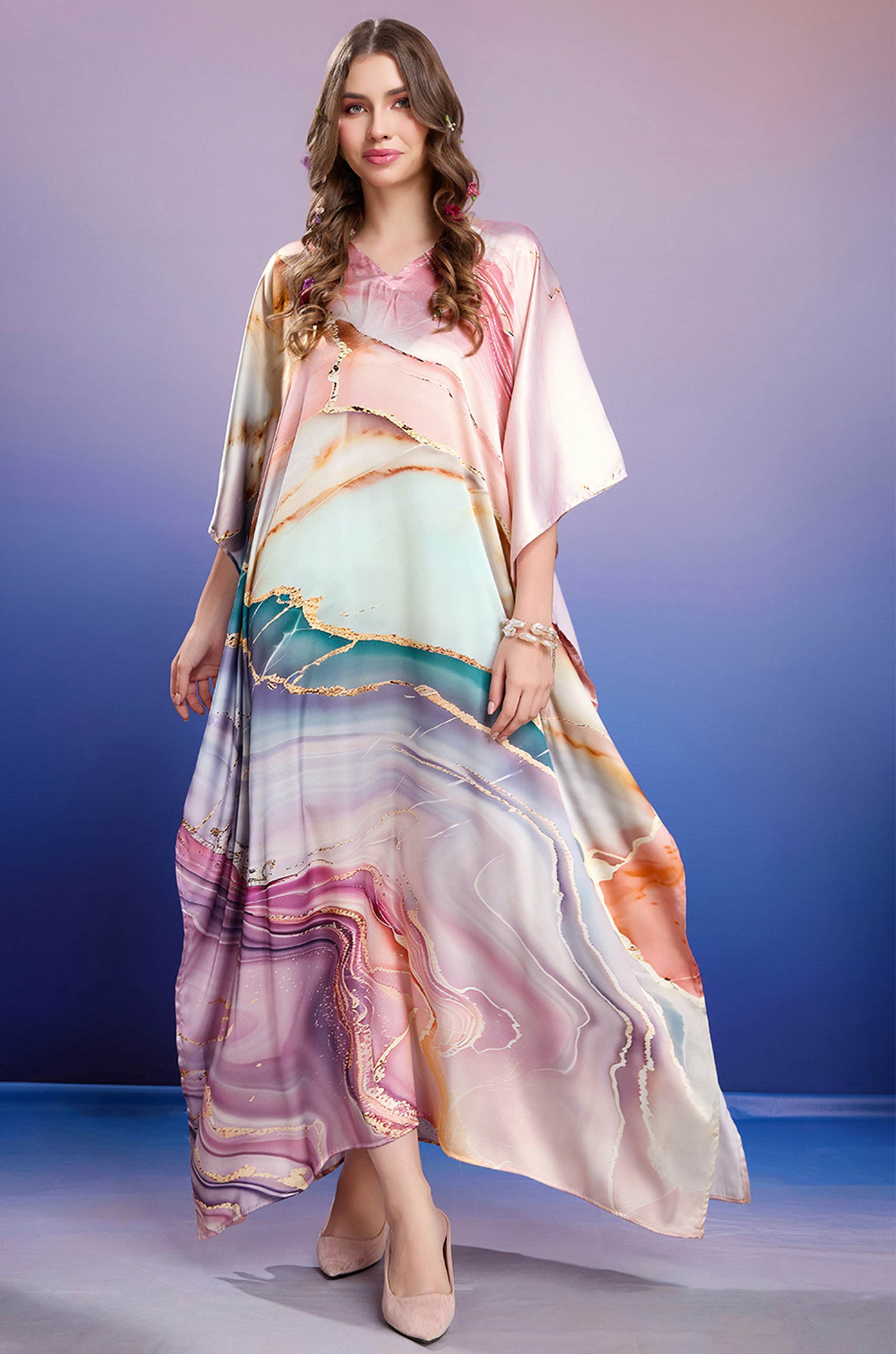 Seashell Serenity Soft Satin Kaftan with Digital Print – Label Aarna