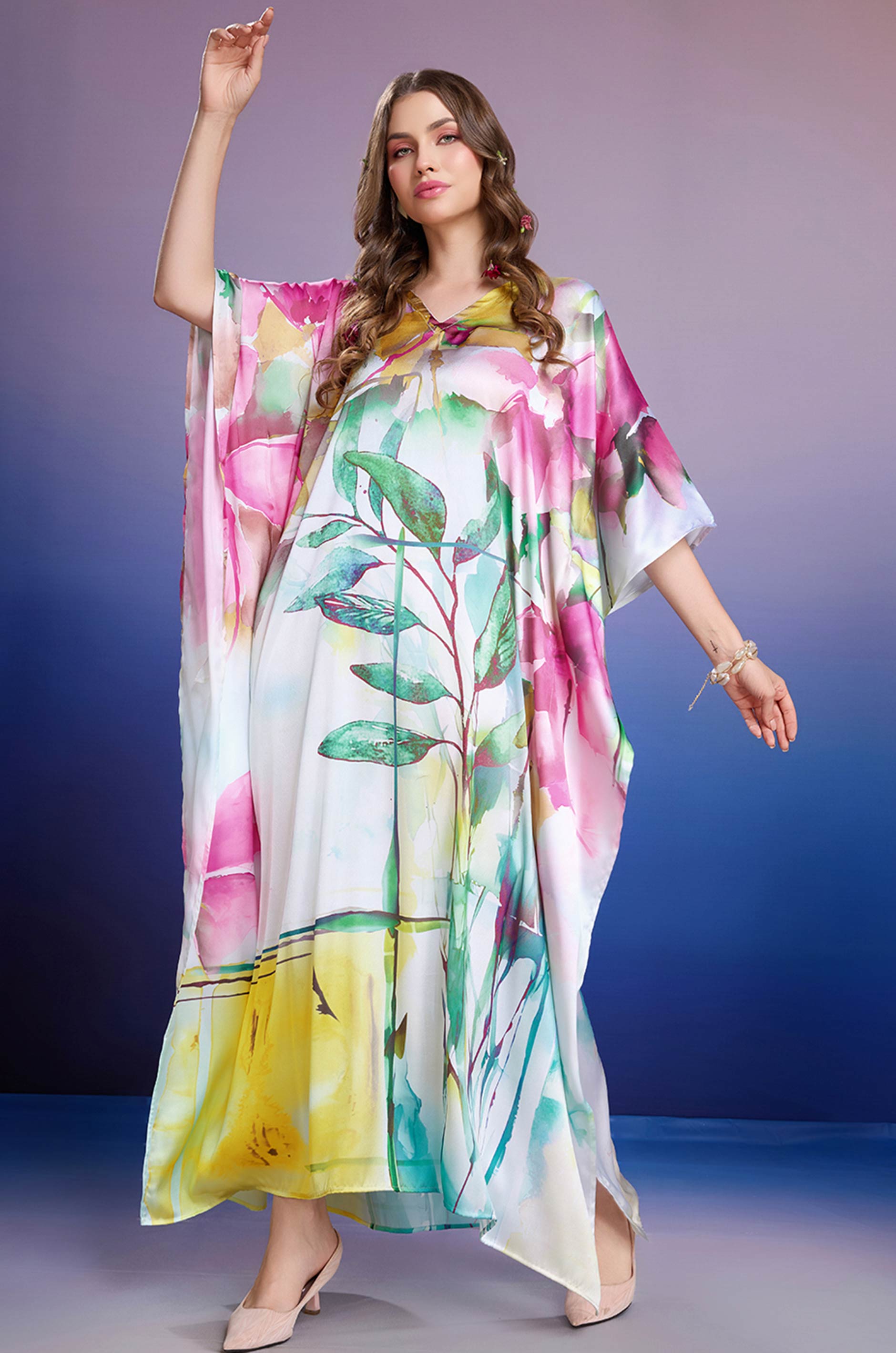 Leafy Dawn Soft Satin Kaftan with Digital Print – Label Aarna