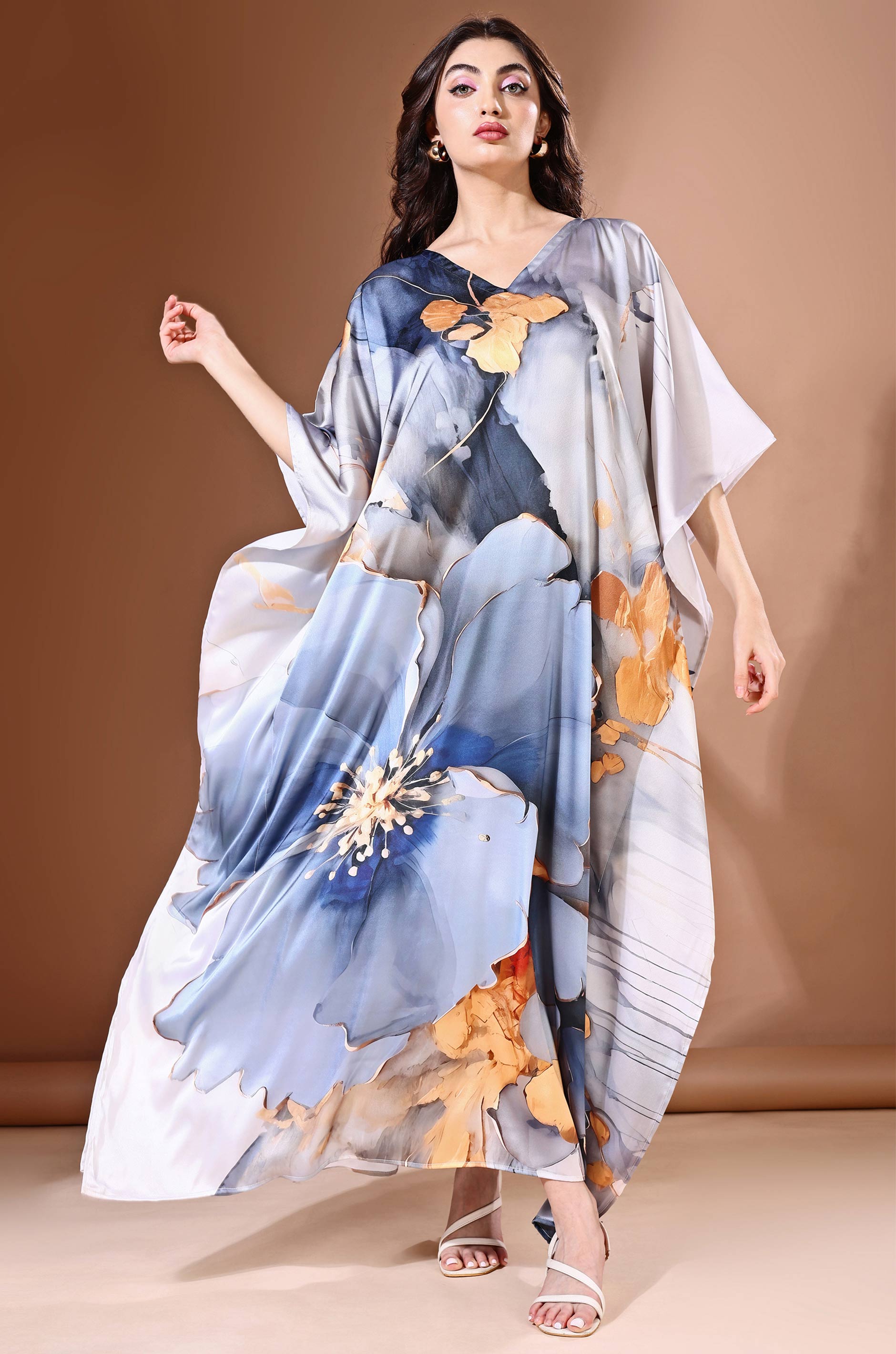 Moonlight Ash Soft Satin Kaftan with Digital Print – Label Aarna