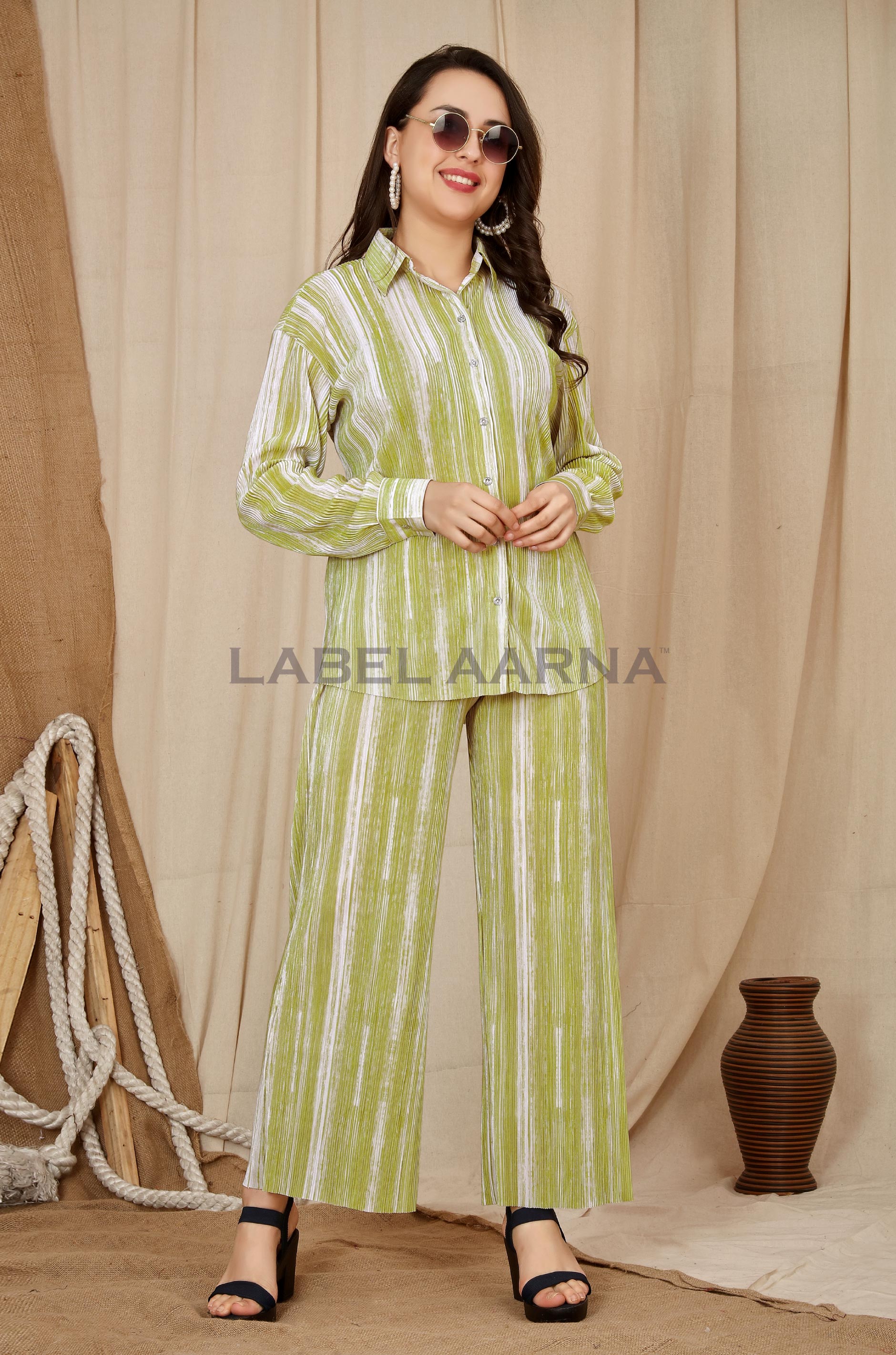Green White Lycra Co-ord Set with Digital Print – Label Aarna